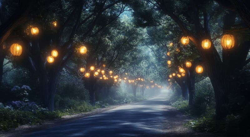 A Tranquil Evening Stroll Along a Lantern-lit Pathway in a Serene Park ...