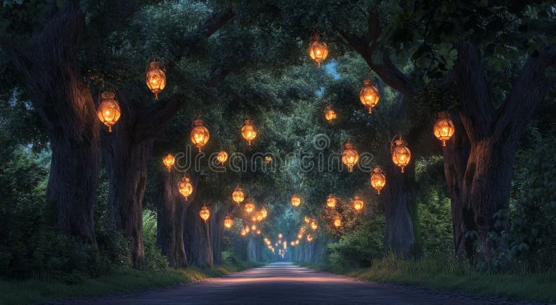 A Tranquil Evening Stroll Along a Lantern-lit Pathway in a Serene Park ...