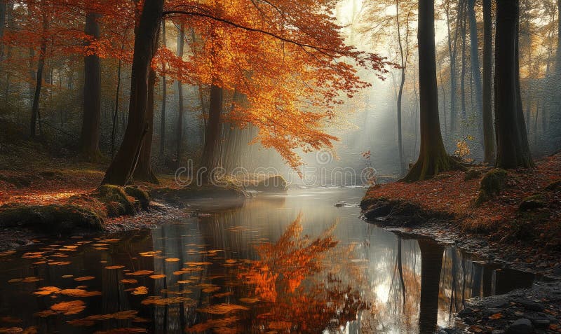 Tranquil Fall Landscape, Dense Woods, Amber Leaves Stock Photo - Image ...