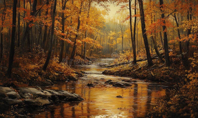 Tranquil Fall Landscape, Dense Woods, Amber Leaves Stock Photo - Image ...