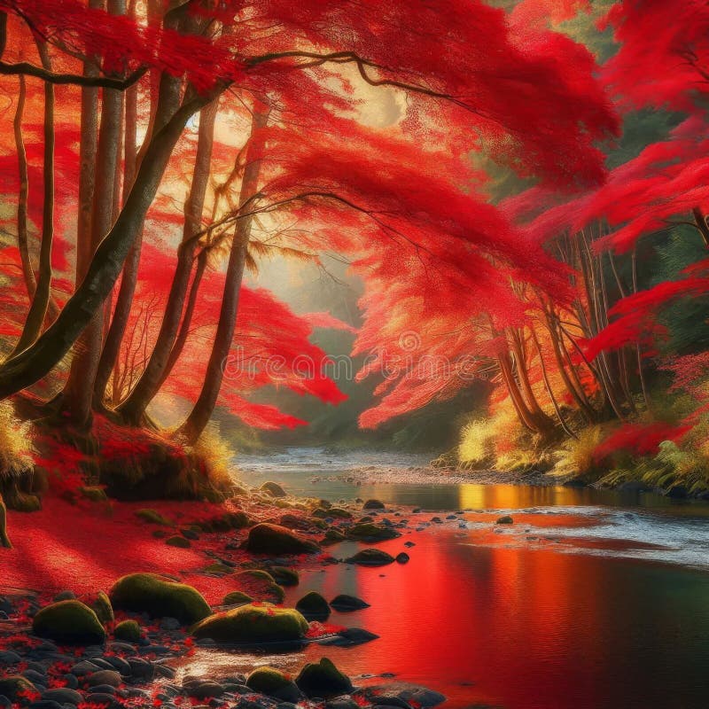 Tranquil Fall Riverbank with Maple Trees Displaying Their Vibrant Red ...