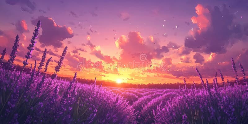 A Tranquil Field of Lavender Under a Sunset Sky, Creating a Magical and ...