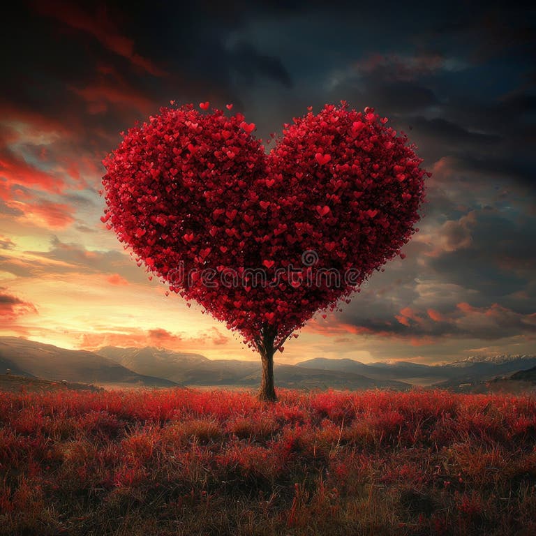 In a Tranquil Field, a Striking Red Heart Tree with a Solid Trunk and ...