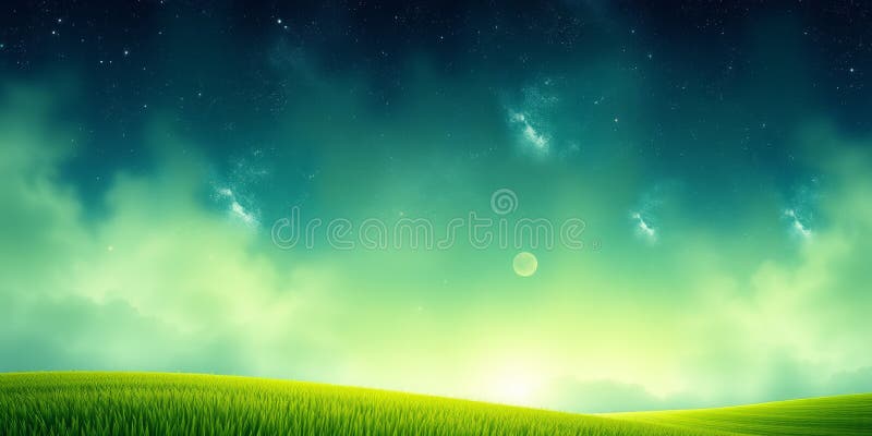 Tranquil Field Under a Starry Sky with a Full Moon Stock Illustration ...