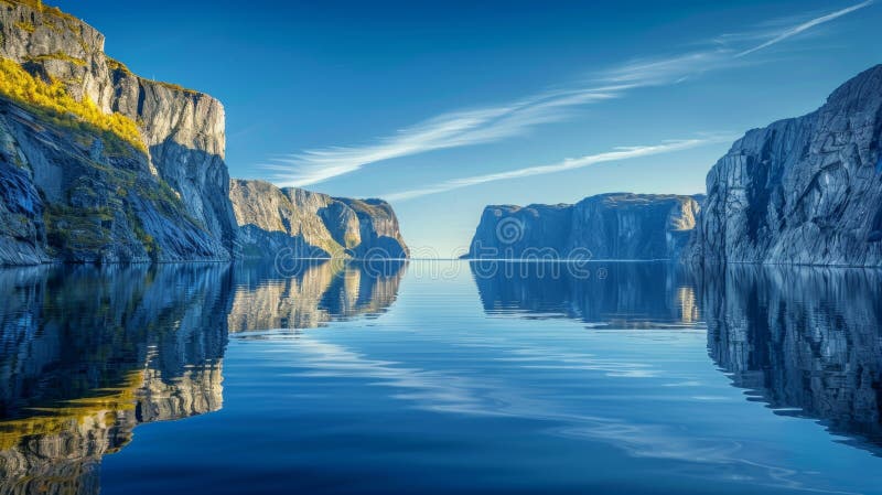 A Tranquil Fjord Stretches Out before Us Its Reflective Surface ...