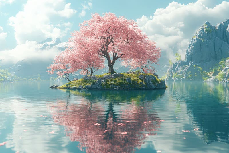 Tranquil Floating Island with Cherry Blossom Tree Reflecting in Water ...