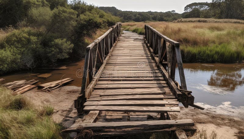 A Tranquil Footpath Leads To an Old Wooden Footbridge Generated by AI ...