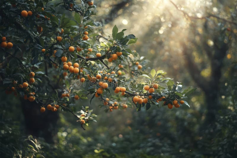 Lush Orange Tree Branches Heavy with Ripe Fruit Glow in the Gentle ...