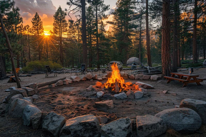 Tranquil Forest Campground with Campfire at Sunset in Wilderness Stock ...