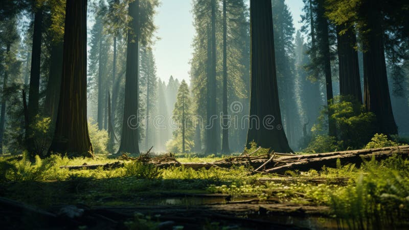 A Tranquil Forest Clearing Stage with Towering Redwoods and Dappled ...