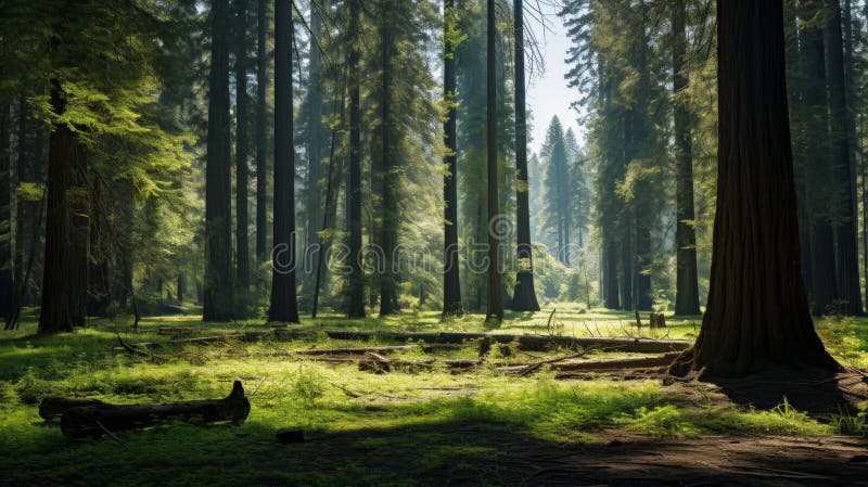 A Tranquil Forest Clearing Stage with Towering Redwoods and Dappled ...