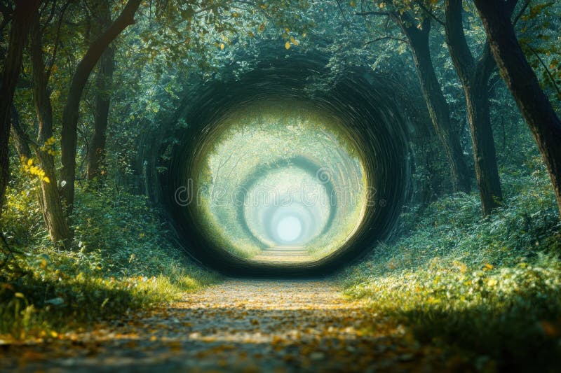 Mysterious Forest Pathway with Glowing Tunnels Inviting Exploration in ...