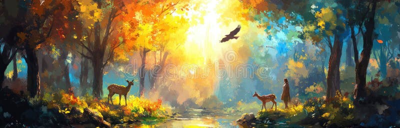 Tranquil Forest Glen: Deer Grazing, Eagle Soaring in Golden Sunlight ...