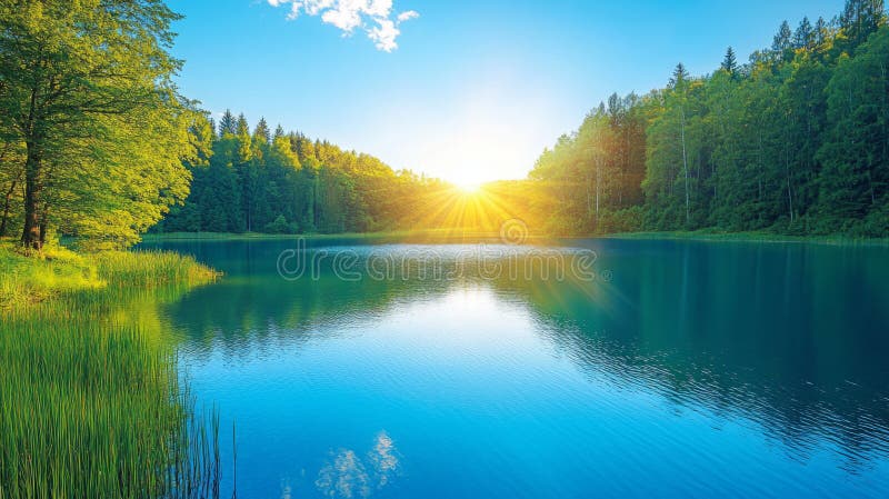 Tranquil Forest Lake with Sun Rays Reflecting on Blue Water Stock Photo ...