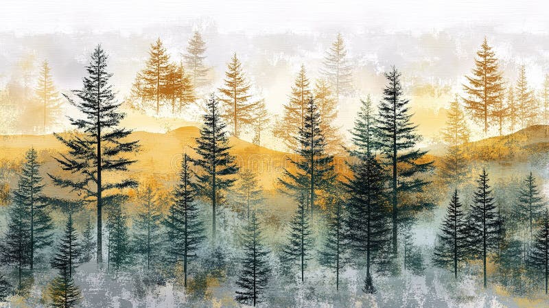 A Tranquil Forest Landscape at Dawn with Mist Enveloping Evergreen ...