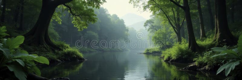 Tranquil Forest Landscape with River in Background, Amazonia, Forest Stock Illustration ...