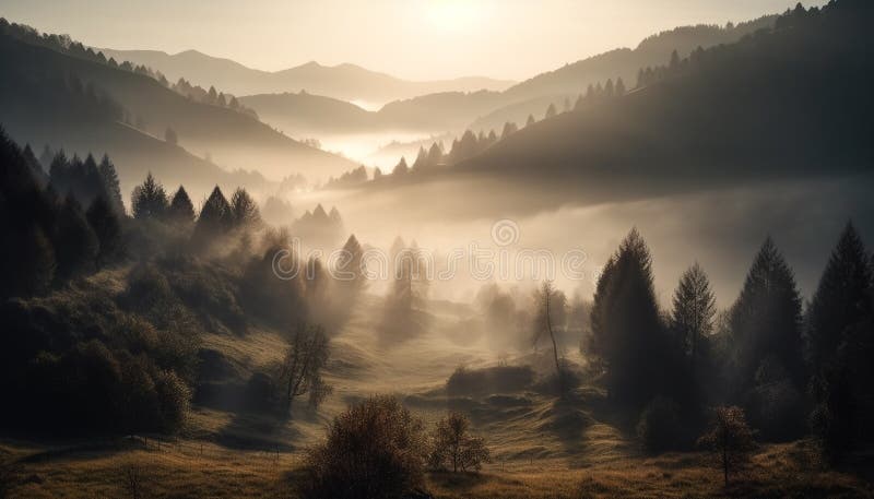 Tranquil Forest Meadow, Backlit by Sunrise Generated by AI Stock Image ...