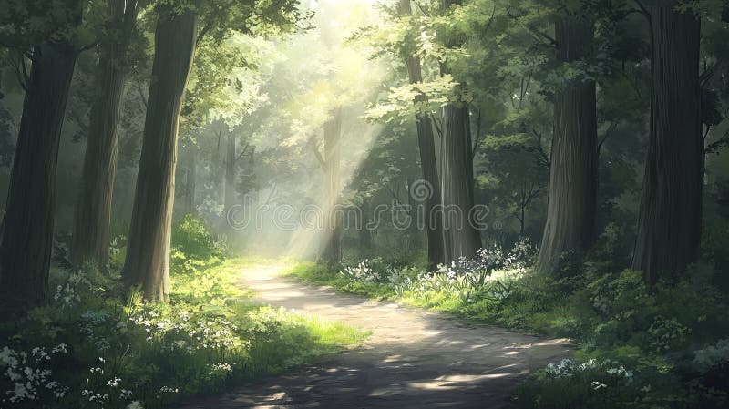 A Tranquil Forest Path in Early Spring with Sunlight Streaming through ...