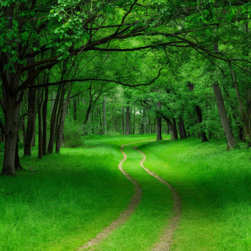 Tranquil Forest Path with Green Grass, Tall Trees Form Overhead Canopy ...