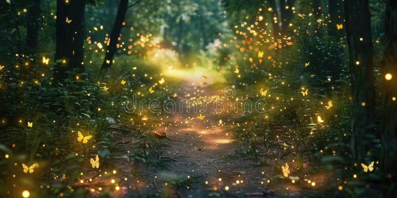 A Tranquil Forest Path Illuminated by Fireflies. Ideal for Nature and ...