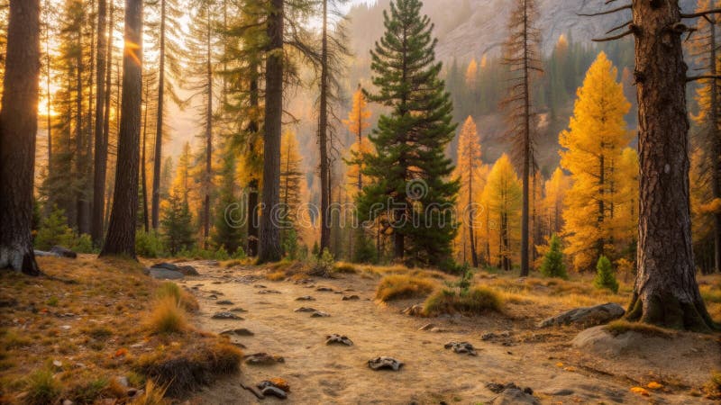 A Tranquil Forest Path Illuminated by the Warm Glow of the Setting Sun ...