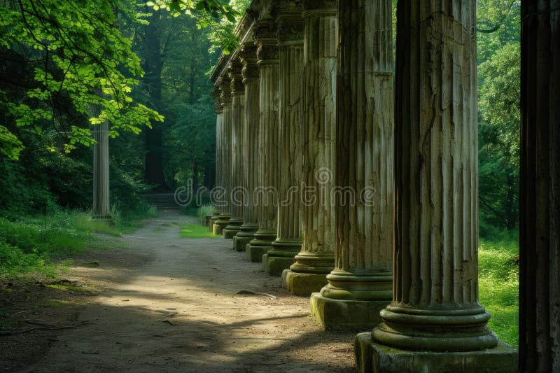 Serene Pathway Along Ancient Columns in Forest Stock Image - Image of ...