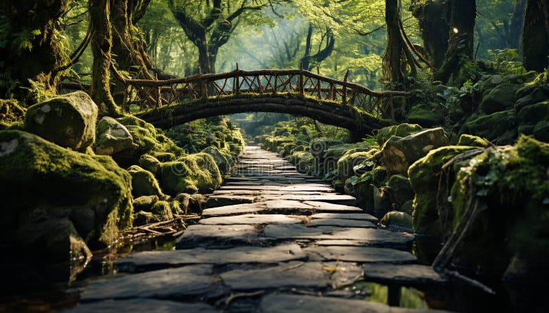 Tranquil Forest Path Leads To Ancient Stone Bridge Over Ravine ...