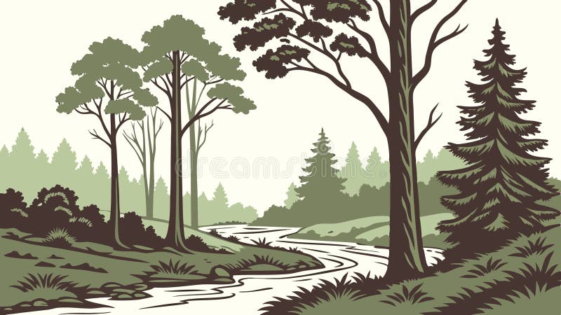 Tranquil Forest Path with River, Serene Nature Walk. Vector Design ...