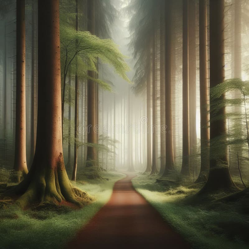Tranquil Forest Path Shrouded in Mist and Sunlight Stock Photo - Image ...