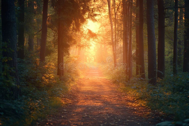 Tranquil Forest Path at Sunset with Warm Glowing Light Stock Image ...