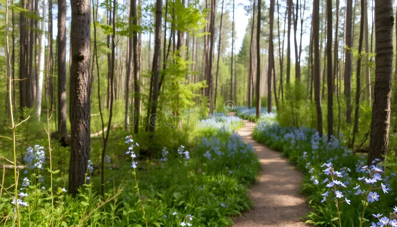 Serene Forest Path Lined with Blue Wildflowers in Lush Greenery Stock ...