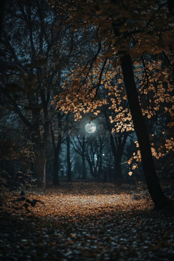 Moonlit Pathway through Autumn Trees at Night in a Serene Forest Stock ...
