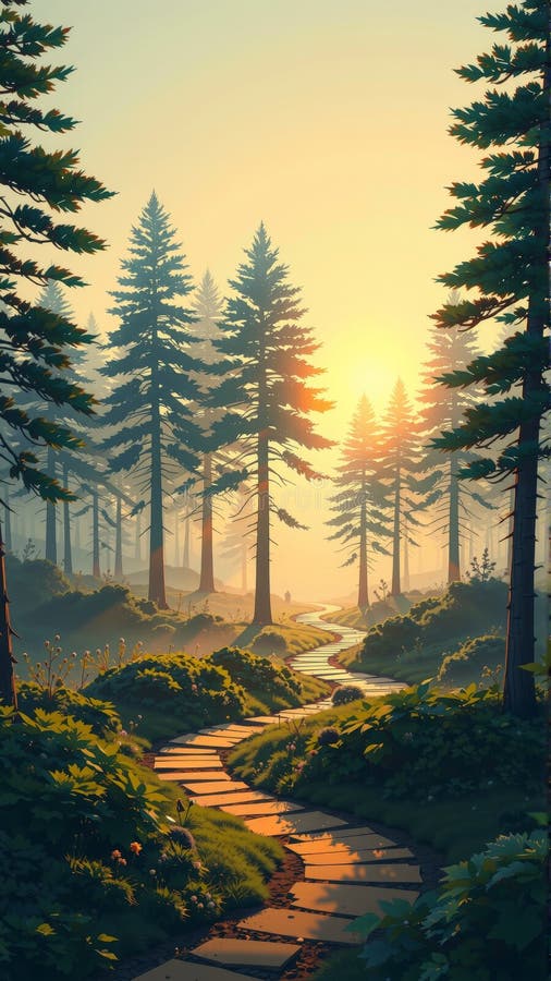 Tranquil Forest Pathway at Sunrise with Lush Greenery and Tall Pine ...