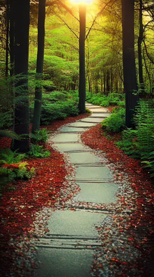 Tranquil Forest Pathway at Sunset Illustration Artificial Intelligence ...