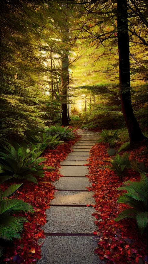 Tranquil Forest Pathway at Sunset Illustration Artificial Intelligence ...