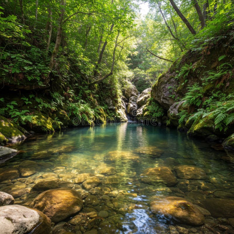 Tranquil Forest Pool with Clear Water and Sunlight Stock Illustration ...