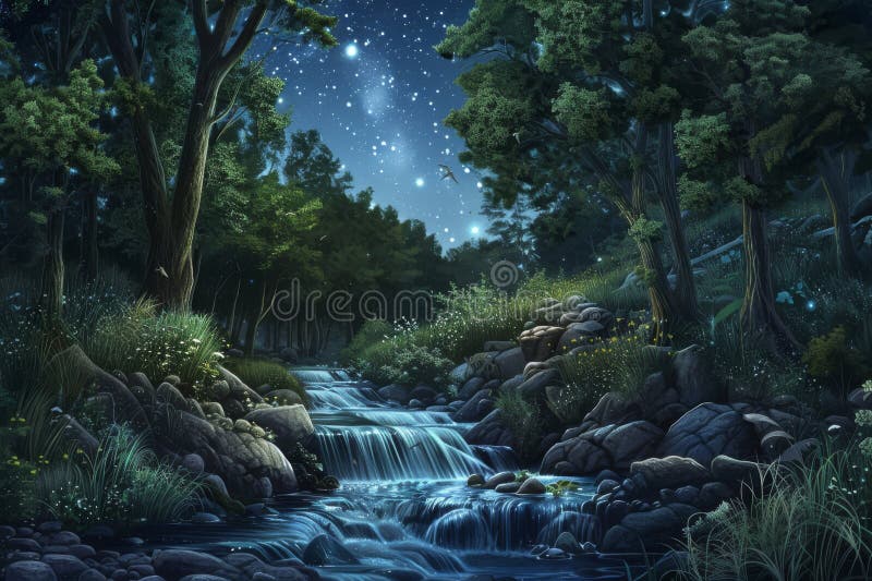 Tranquil Forest Scene with a Babbling Brook and a Starry Night Sky ...