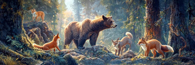 A Tranquil Forest Scene Featuring a Diverse Group of Animals, Including ...