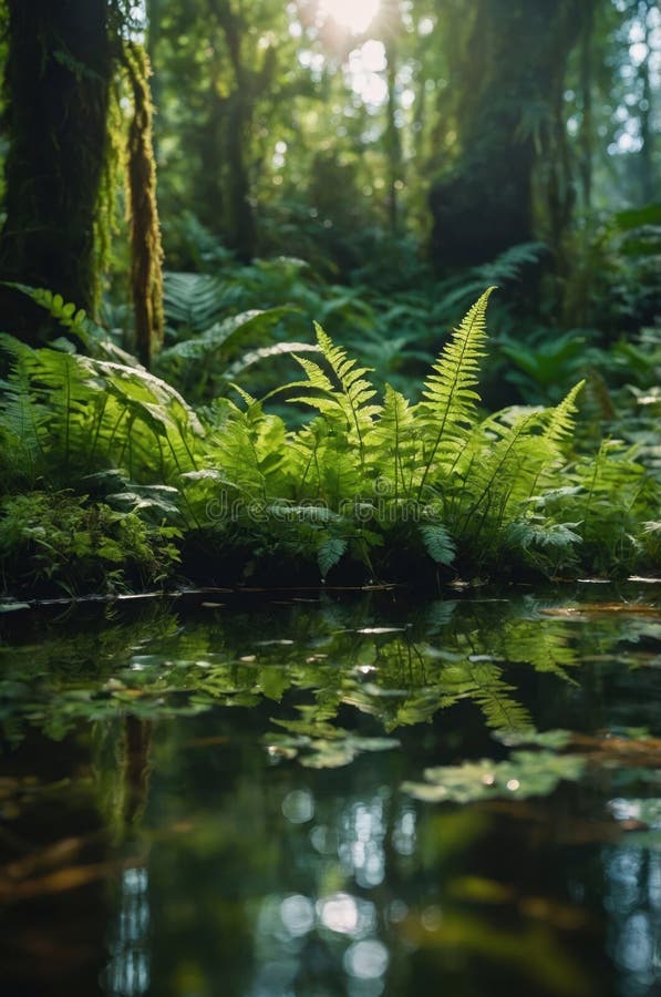 Lush Green Ferns Reflecting in a Forest Stream, Tranquil Nature Scene ...