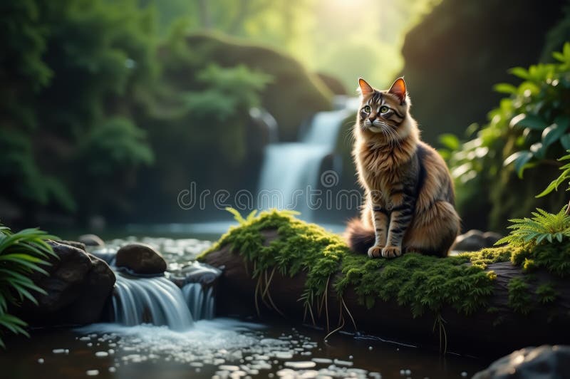 Tranquil Forest Scene with Majestic Long-haired Cat by a Waterfall. AI ...