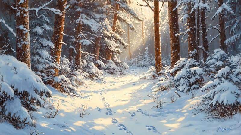 Winter Forest Path with Sunlight Filtering through Snow-laden Trees ...