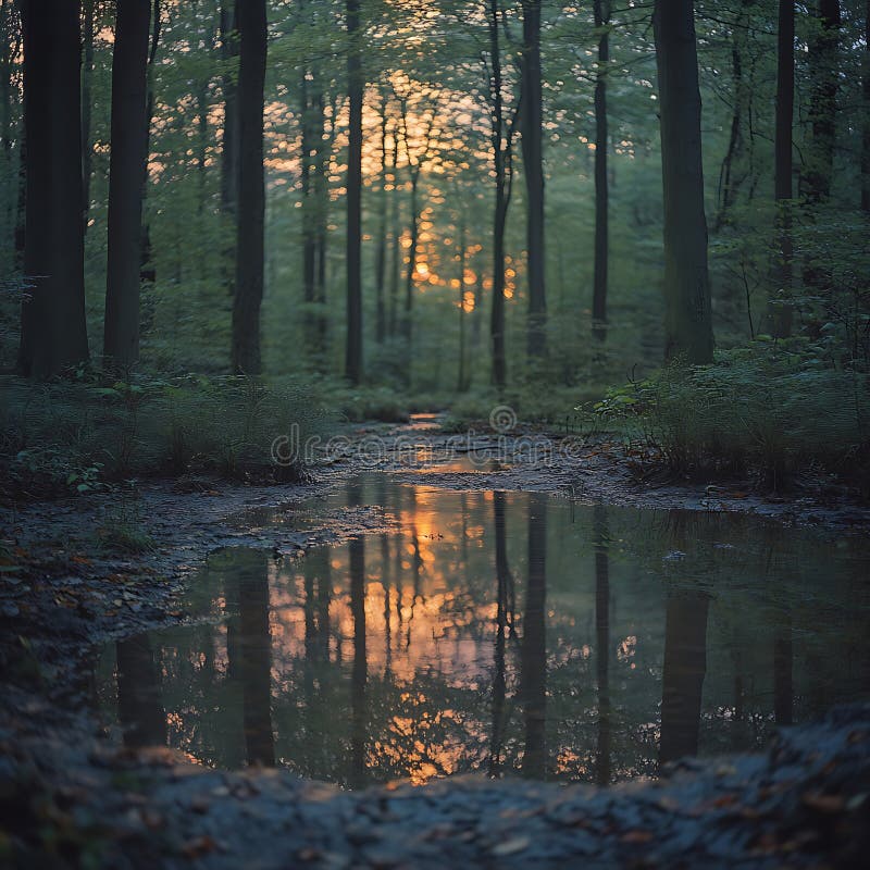 Tranquil Forest Scene with Reflections at Sunset Stock Photo - Image of ...