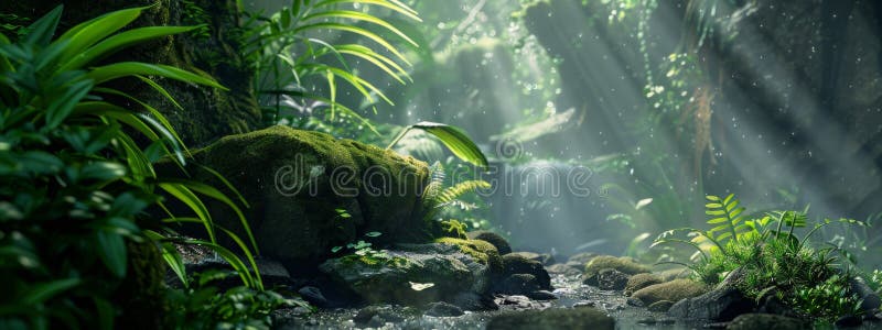 Serene Forest Stream with Moss-covered Rocks and Sunlight Stock Image ...