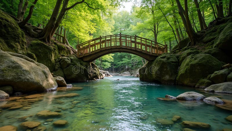 Tranquil Forest Scene Wooden Bridge Over Clear River Smooth Rocks Tall ...