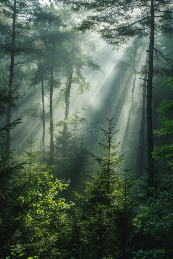 A Tranquil Forest Shrouded in Mist, with Sunlight Filtering through the ...