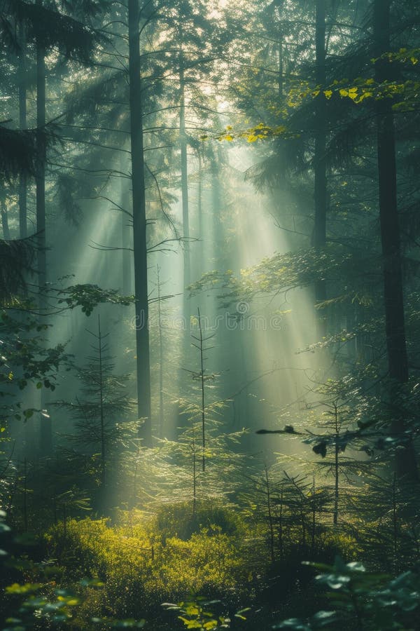 A Tranquil Forest Shrouded in Mist, with Sunlight Filtering through the ...