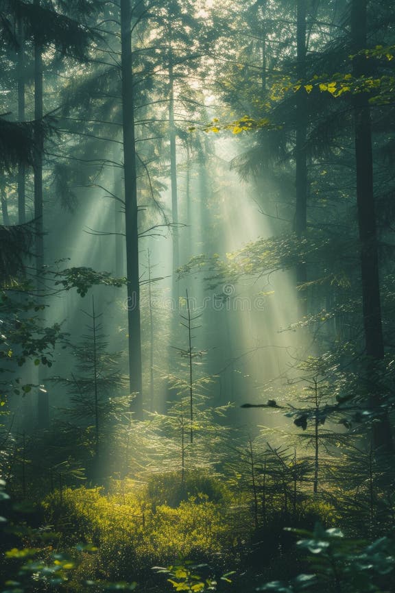 A Tranquil Forest Shrouded in Mist, with Sunlight Filtering through the ...