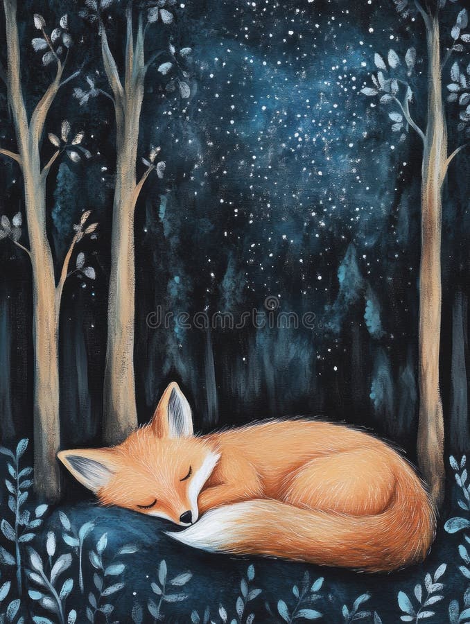 Sleeping Fox Rests Peacefully in a Gentle Forest Under a Starry Sky ...