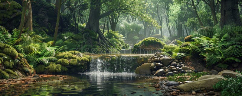 A Tranquil Forest Stream Background with Clear Running Water, Moss ...
