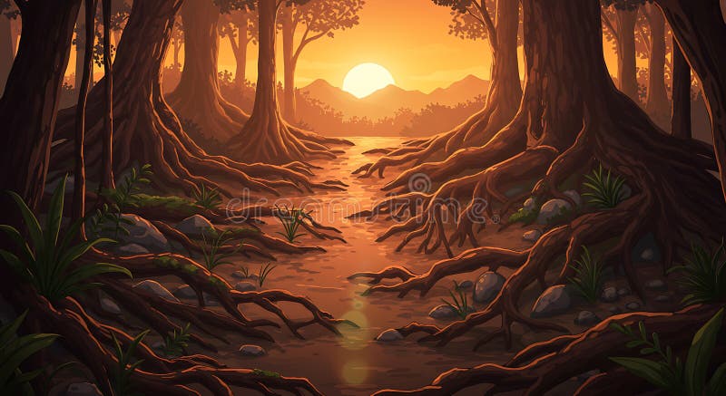 Tranquil Forest Stream at Sunset with Exposed Roots - Generated Using ...